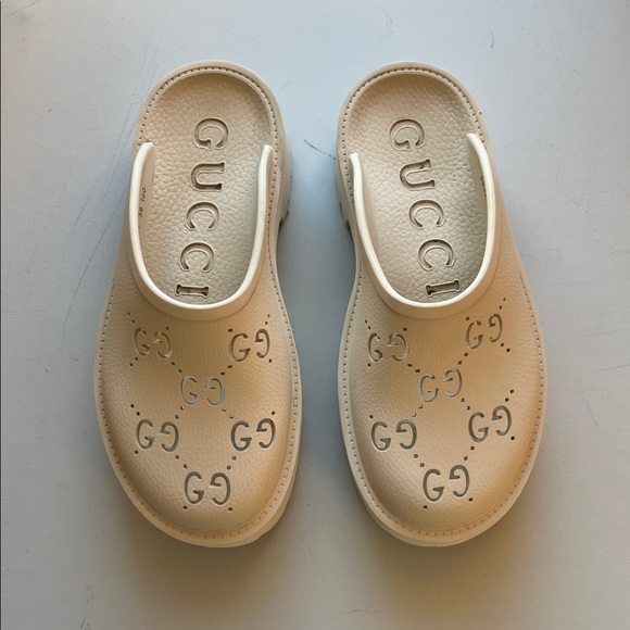 Gucci | Shoes | Gucci Cream Rubber Platform Clogs Logo Embossed Cutouts ...